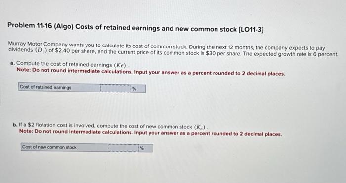 Solved Problem 11-16 (Algo) Costs of retained earnings and | Chegg.com