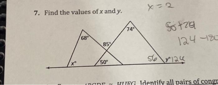 Solved 7. Find the values of x and y. xo 68° 85% 50° DODE N | Chegg.com