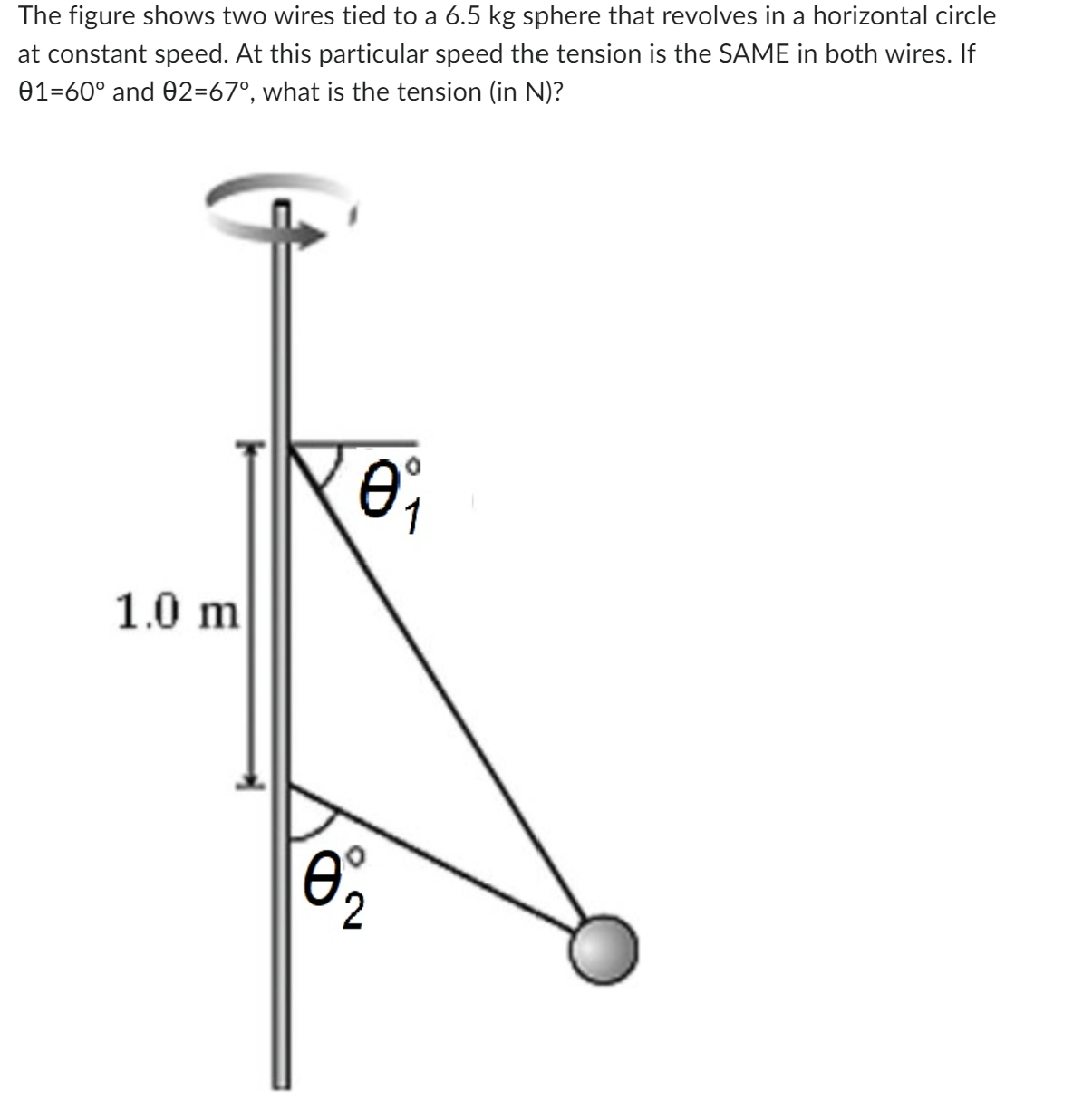 Solved The figure shows two wires tied to a 6.5 kg ﻿sphere | Chegg.com