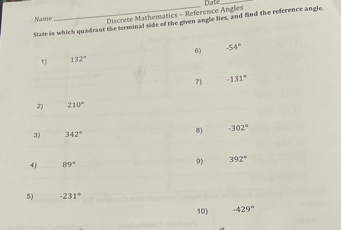 Solved Name Discrete Mathematics Reference Angles State In