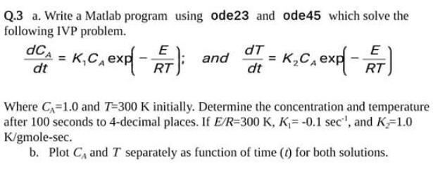 Solved Q3 A Write A Matlab Program Using Ode23 And Ode45 