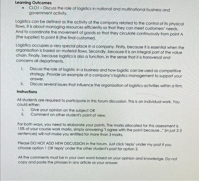 Solved Learning Outcomes - CLOI - Discuss the role of | Chegg.com