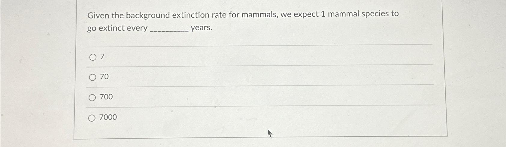 Solved Given the background extinction rate for mammals, we | Chegg.com