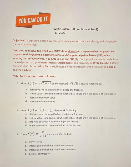 Write Calculus II (sections 4.1-4.3) Fall 2022 | Chegg.com
