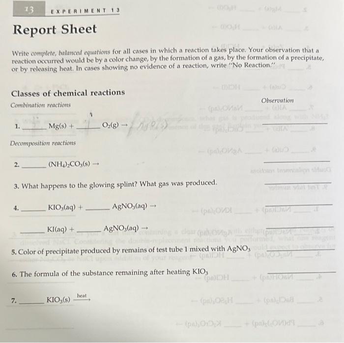 Solved Report Sheet Write completc, balanced equations for | Chegg.com