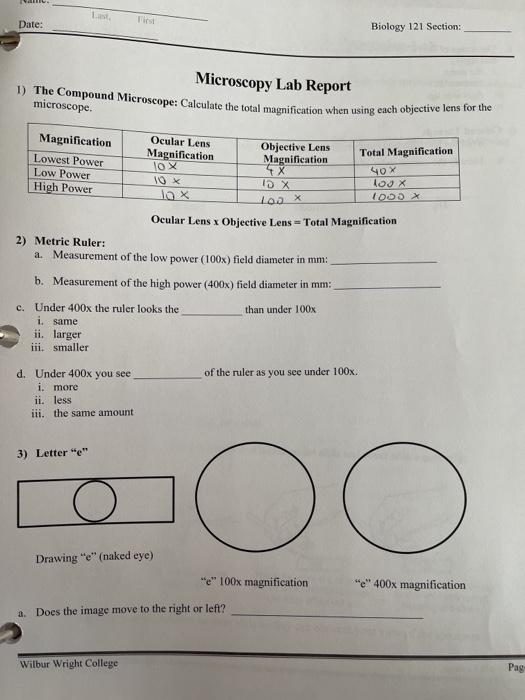 Solved Date: Biology 121 Section: Microscopy Lab Report 1) | Chegg.com