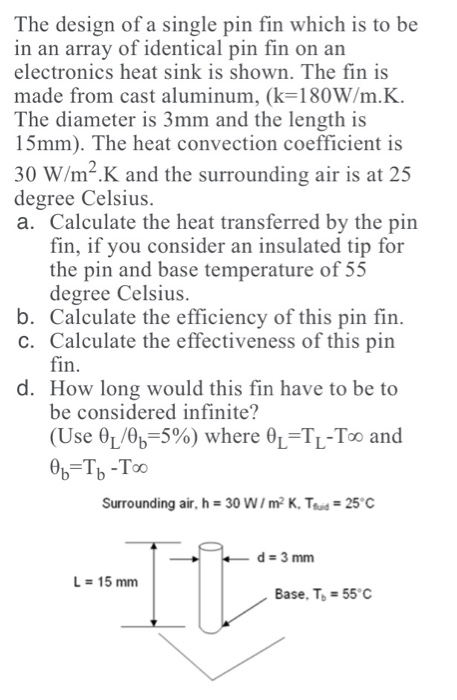 Solved The design of a single pin fin which is to be in an | Chegg.com