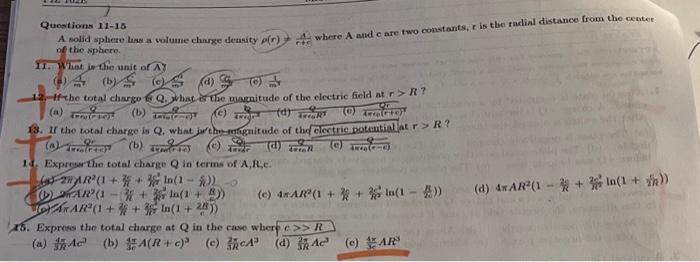 Solved Questions 11-15 A solid sphere has a volume charge | Chegg.com