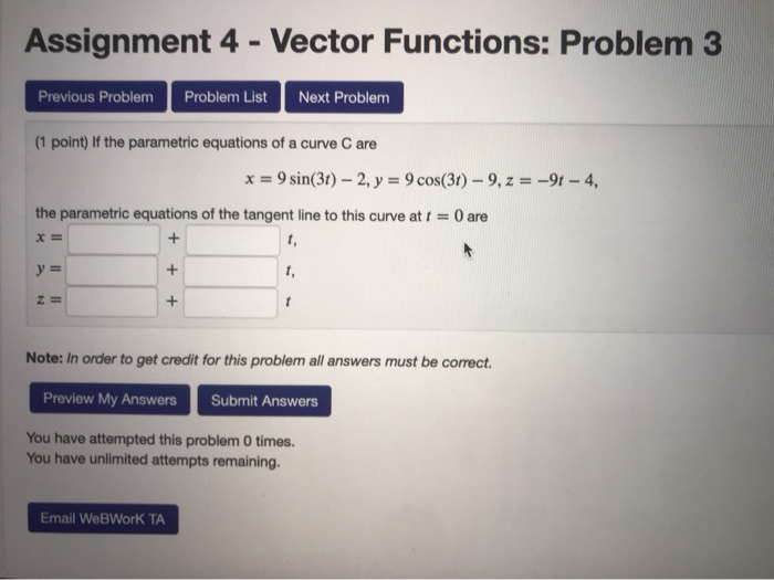 Solved Assignment 4 - Vector Functions: Problem 3 Previous | Chegg.com