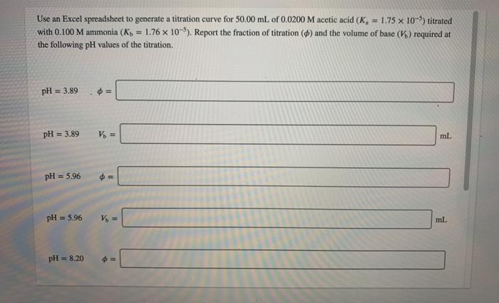 Solved Use an Excel spreadsheet to generate a titration | Chegg.com