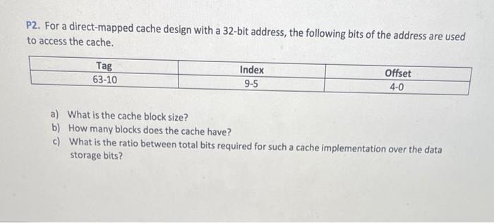 Solved P2. For a direct-mapped cache design with a 32-bit | Chegg.com