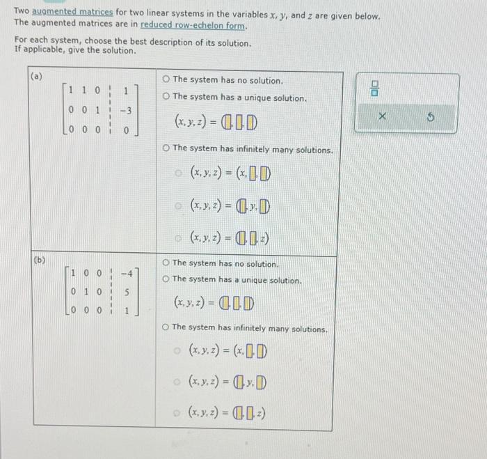 Solved Two augmented matrices for two linear systems in the | Chegg.com