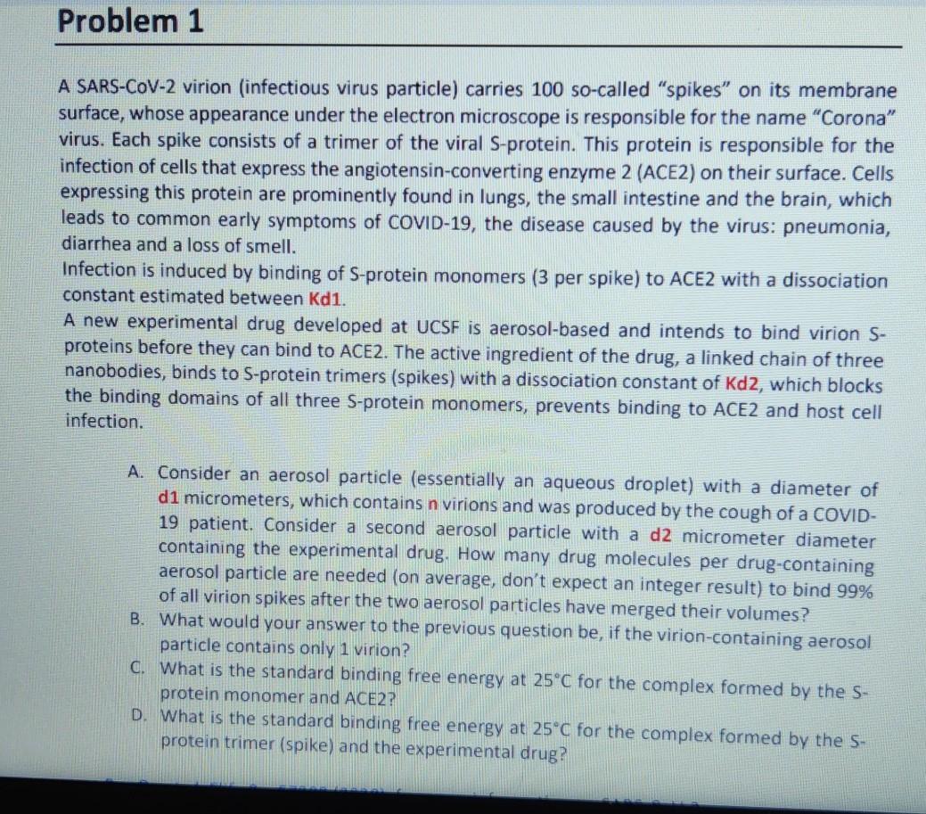 Problem 1 A SARS-CoV-2 virion (infectious virus | Chegg.com