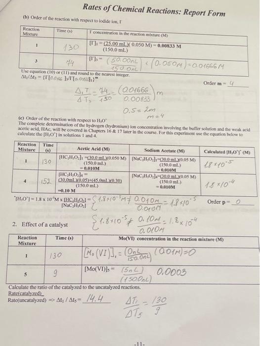 Solved Rates of Chemical Reactions: Report Form Post | Chegg.com