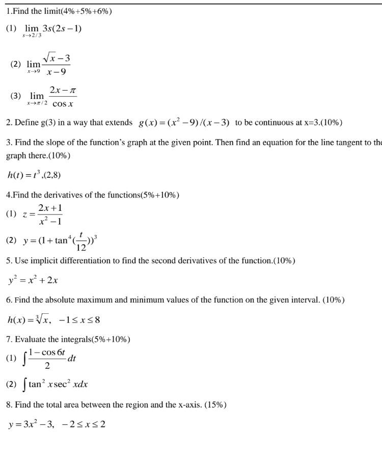 Solved 1. Find the limit (4%+5%+6%) (1) lims→2/33s(2s−1) (2) | Chegg.com