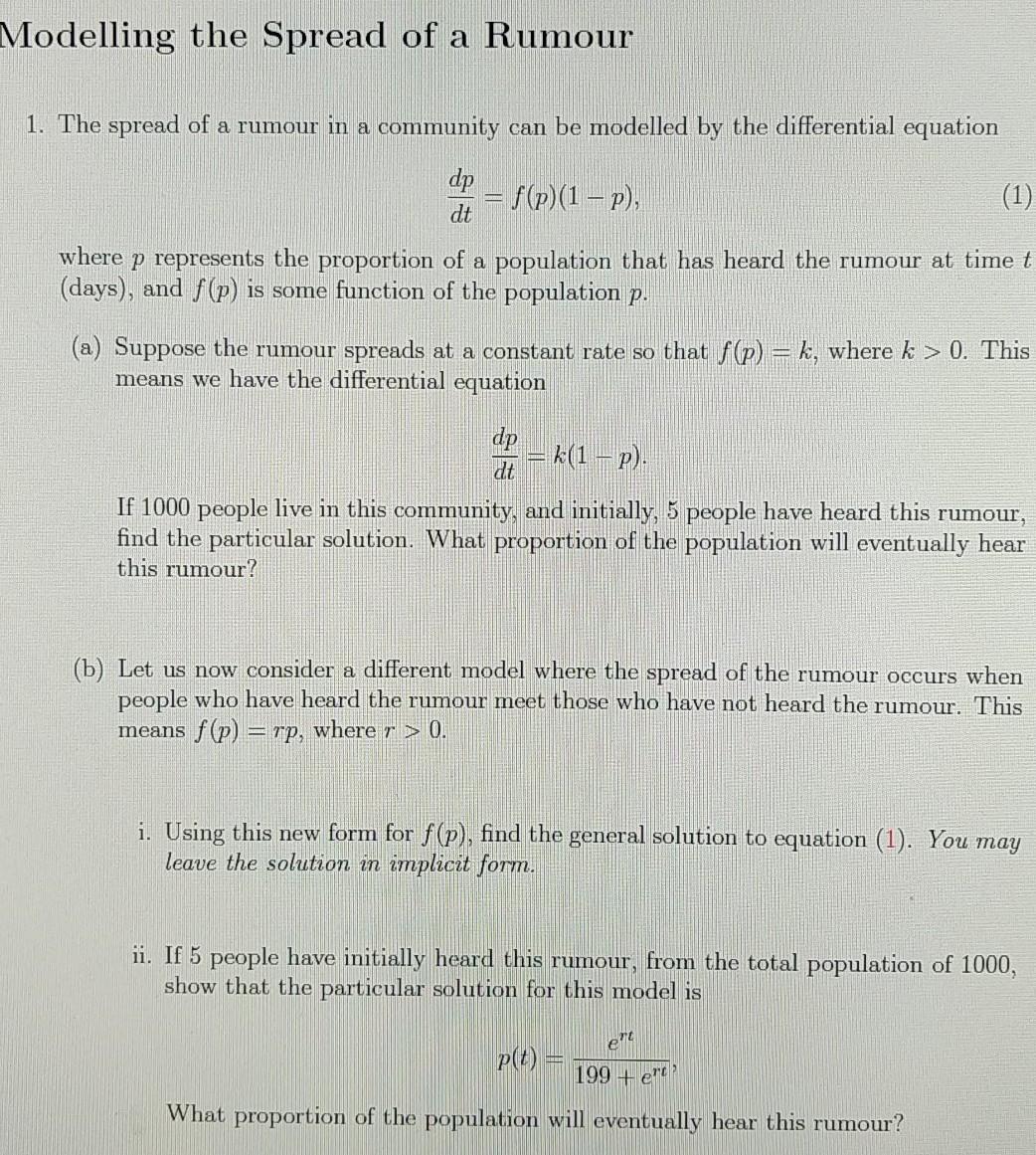 Solved Modelling the Spread of a Rumour 1. The spread of a | Chegg.com