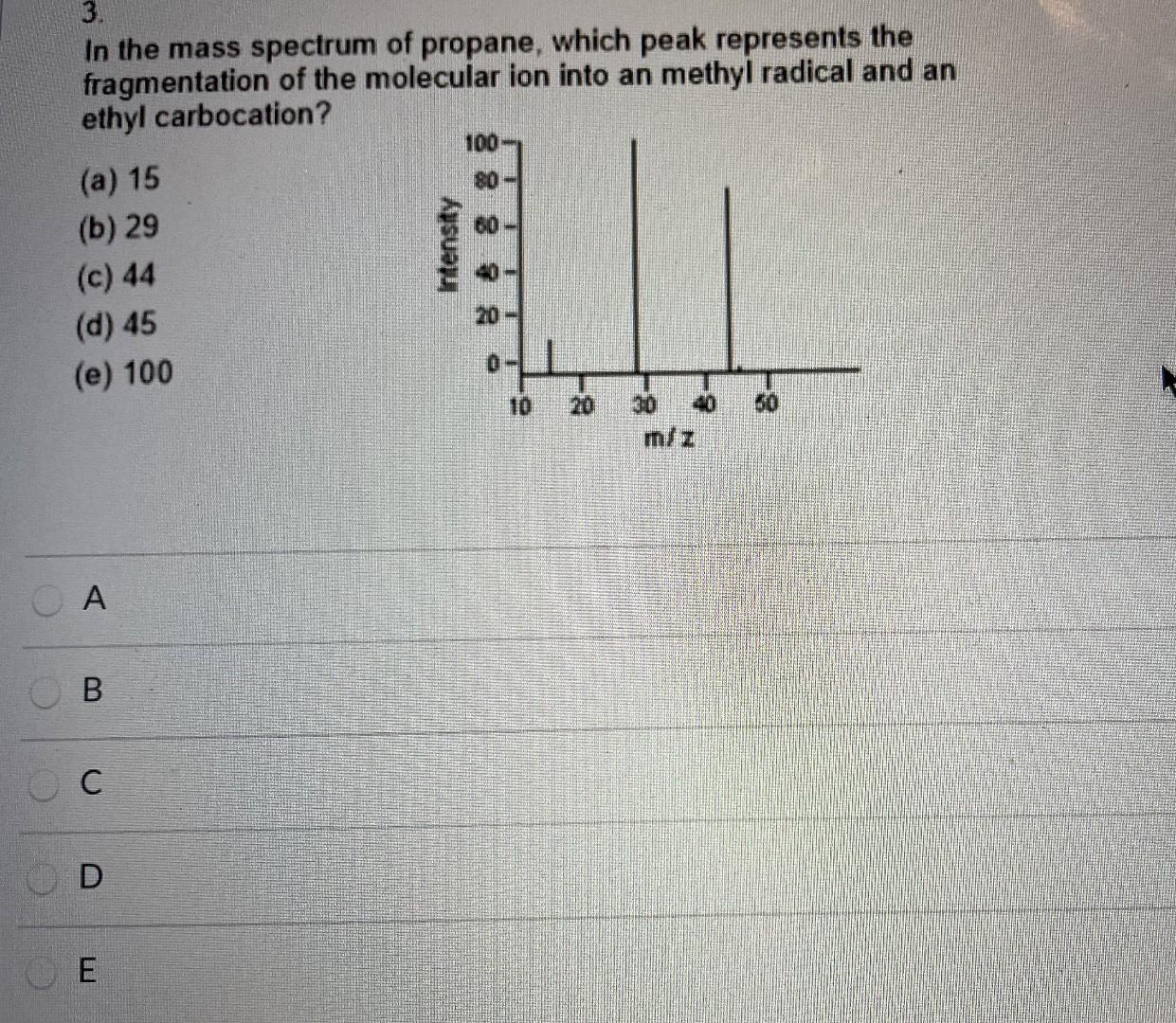 Solved 3. In the mass spectrum of propane, which peak | Chegg.com