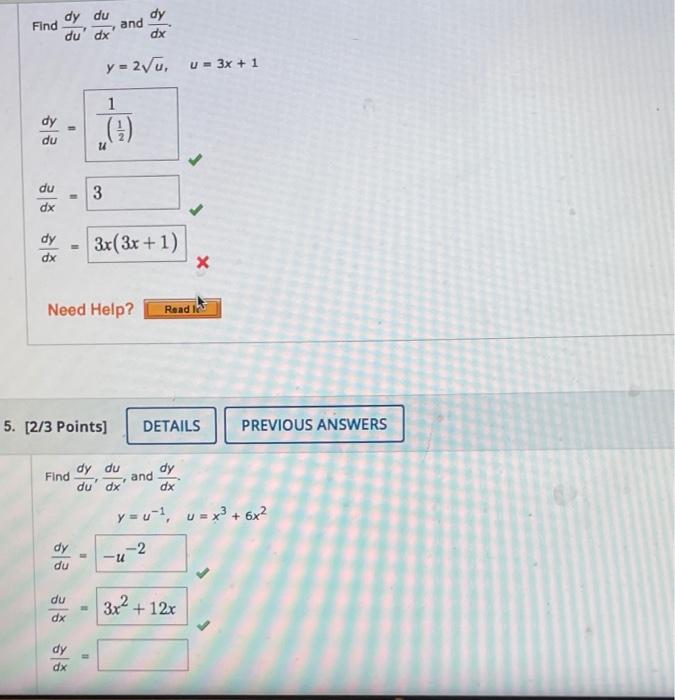 Solved Find dy du du dx dy and dx y = 2VU, u = 3x + 1 1 dy | Chegg.com