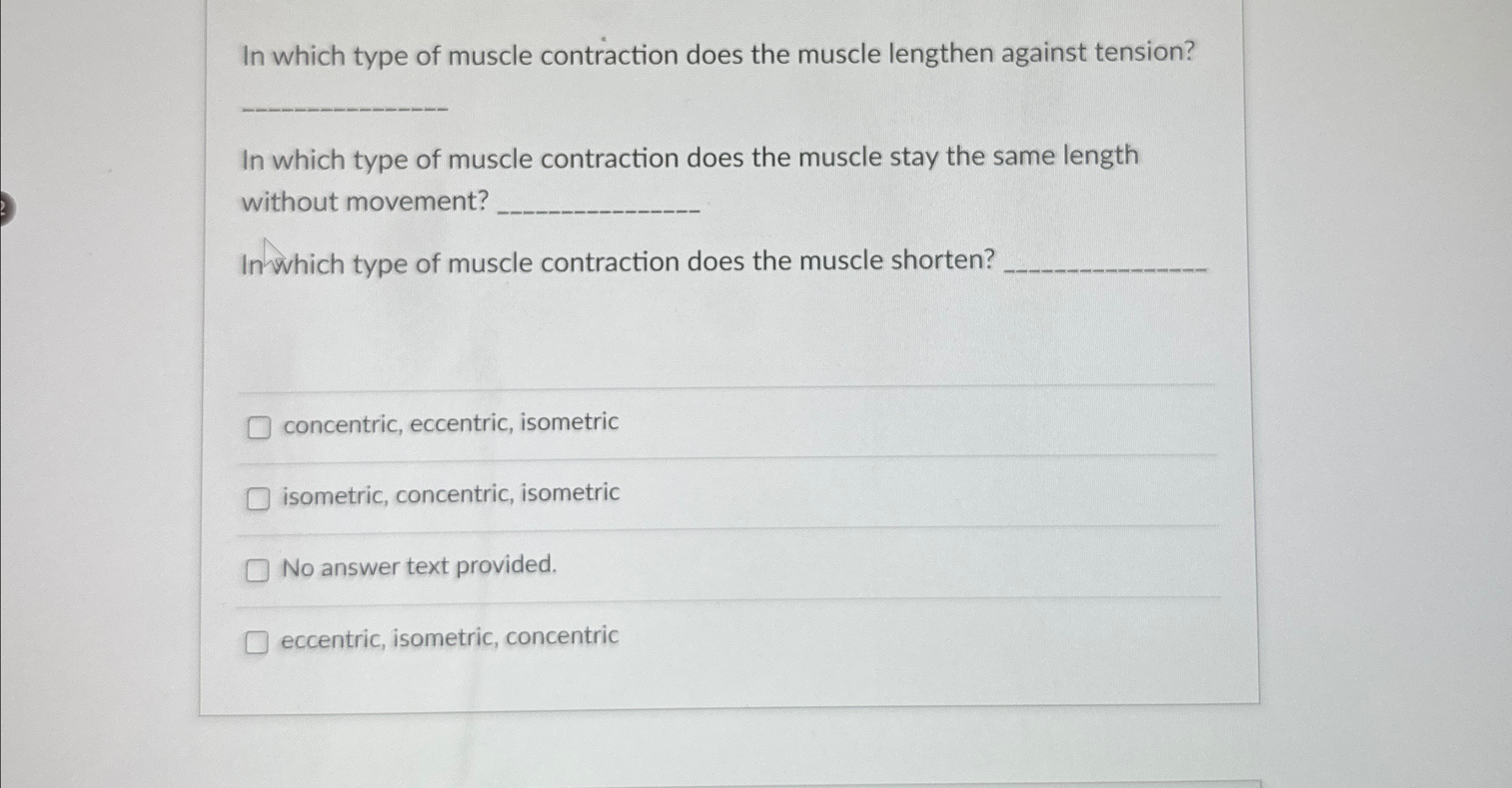 Solved In which type of muscle contraction does the muscle | Chegg.com