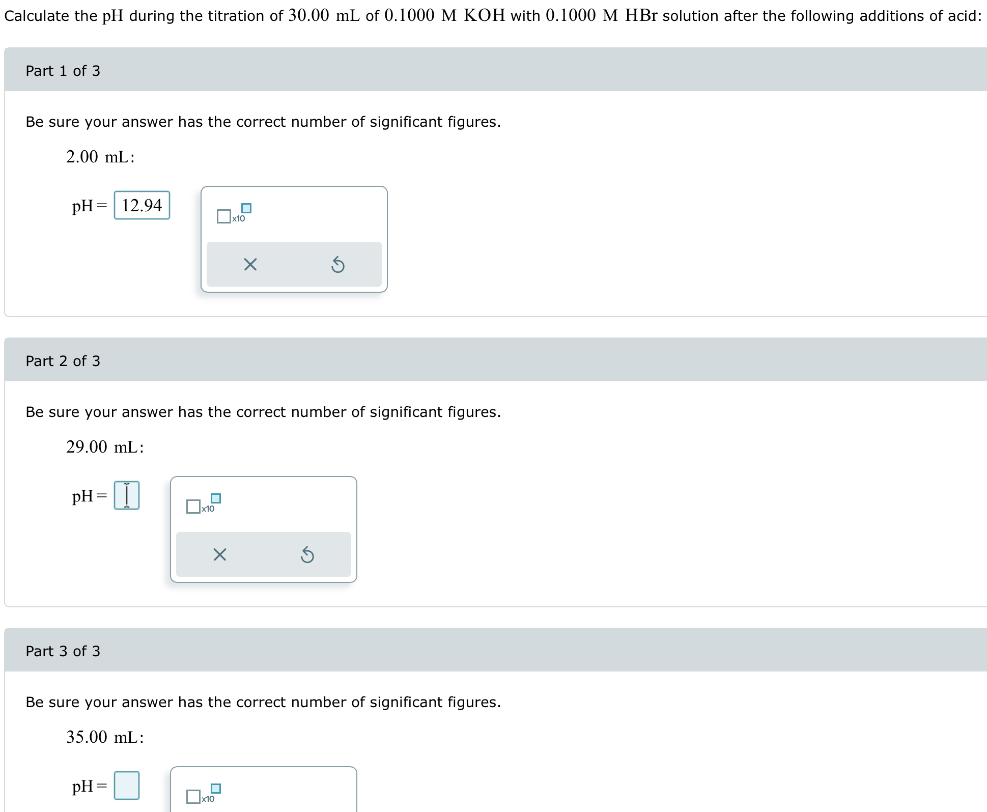 Solved Calculate the pH ﻿during the titration of 30.00mL ﻿of | Chegg.com