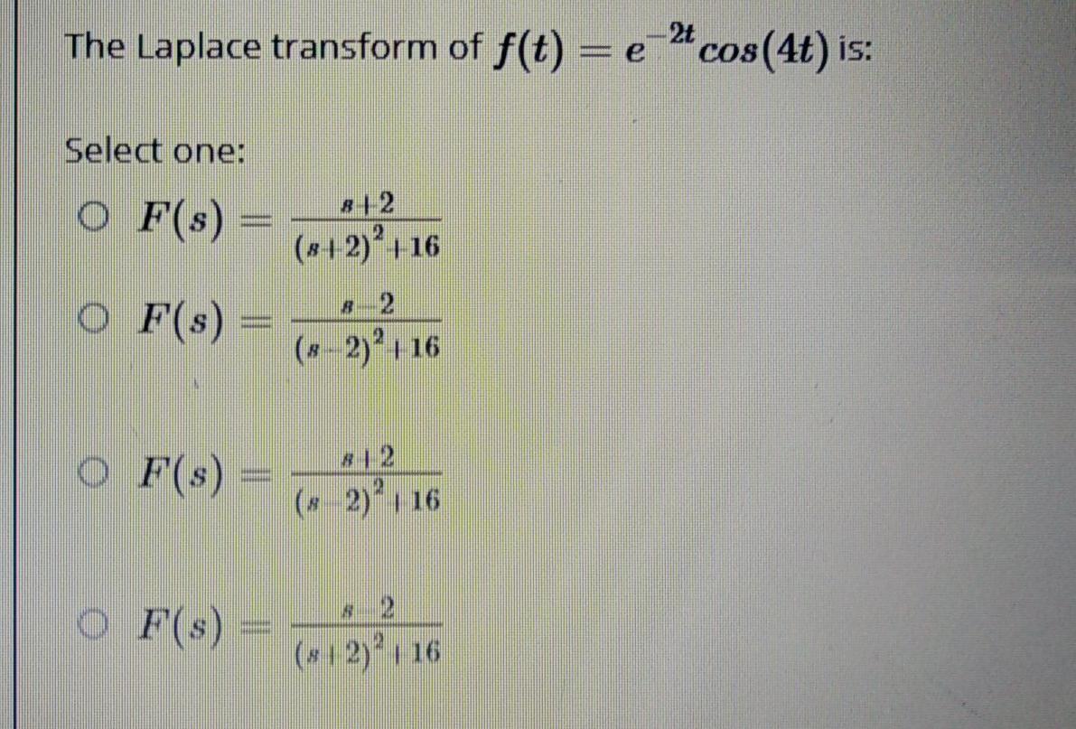 Solved The Laplace transform of f(t) = e cos(4t) is: Select | Chegg.com