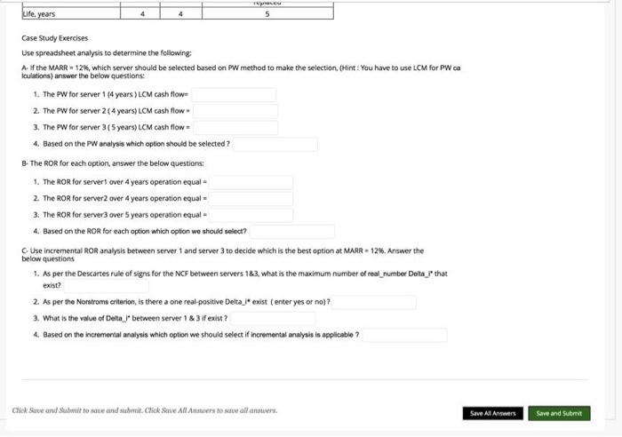 Solved Life, years Case Study Exercises Use spreadsheet | Chegg.com