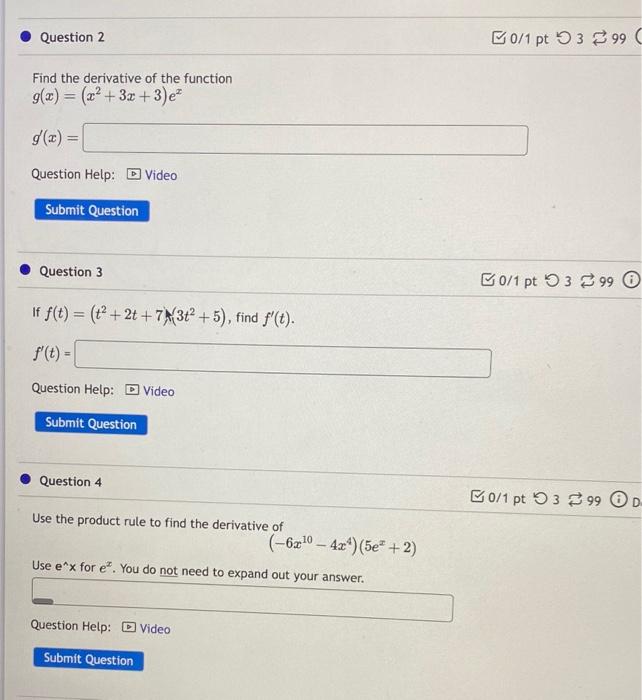 Solved Find the derivative of the function g(x)=(x2+3x+3)ex | Chegg.com