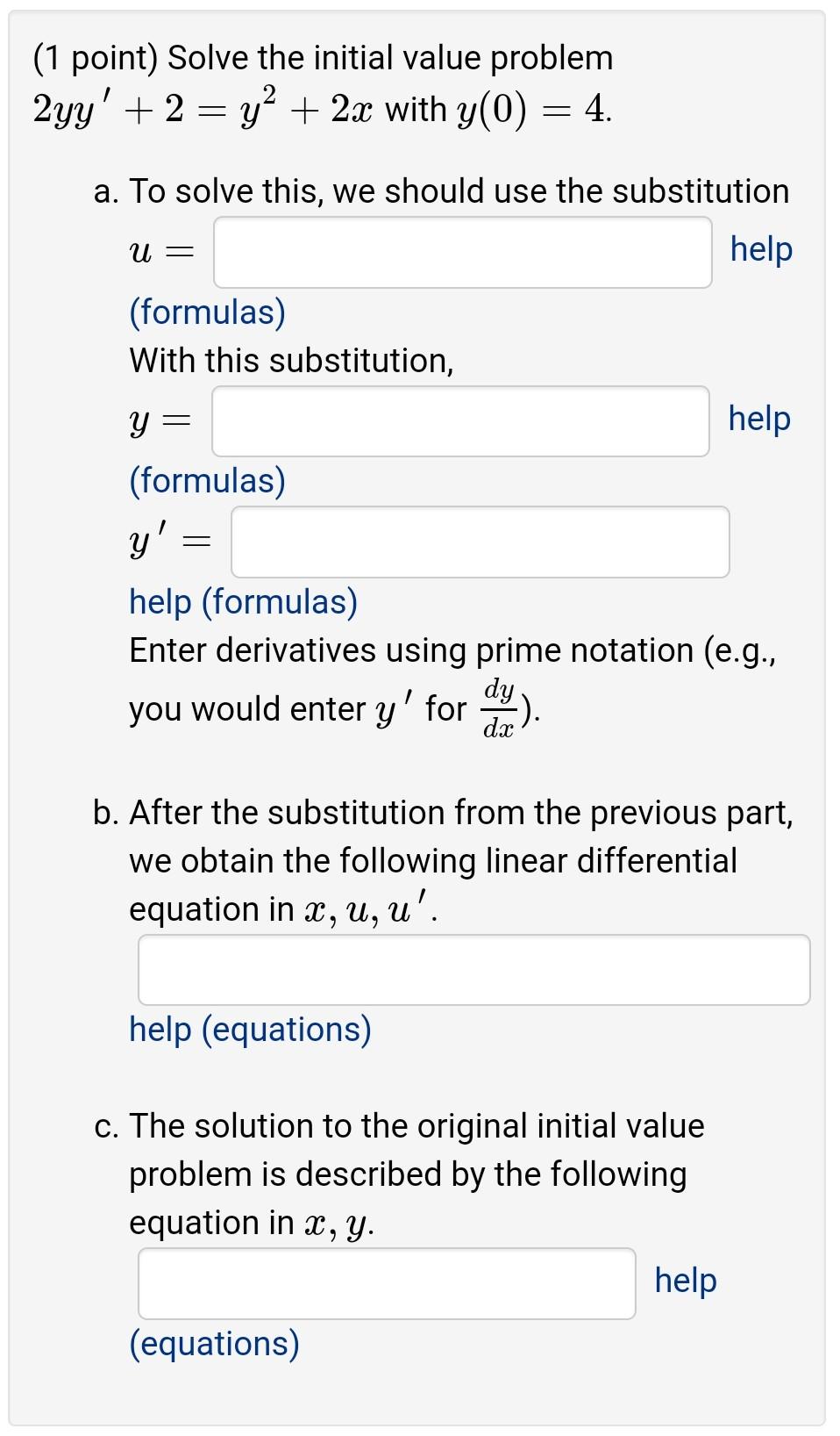 Solved (1 point) Solve the initial value problem 2yy' + 2 = | Chegg.com