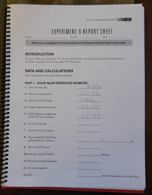 Branco A ar to 53 EXPERIMENT 9 REPORT SHEET Name | Chegg.com