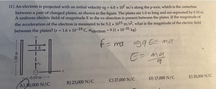 Solved 11) An electron is projected with an initial velocity | Chegg.com