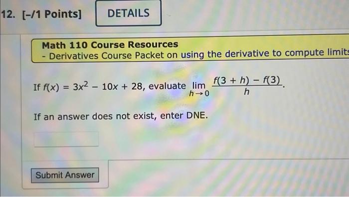 Solved Math 110 Course Resources - Derivatives Course Packet | Chegg.com