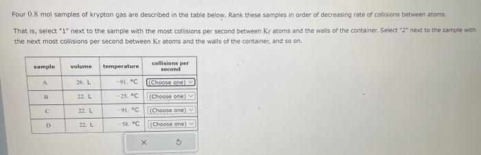 Solved Four 0.8 mol samples of krypton gas are described in | Chegg.com