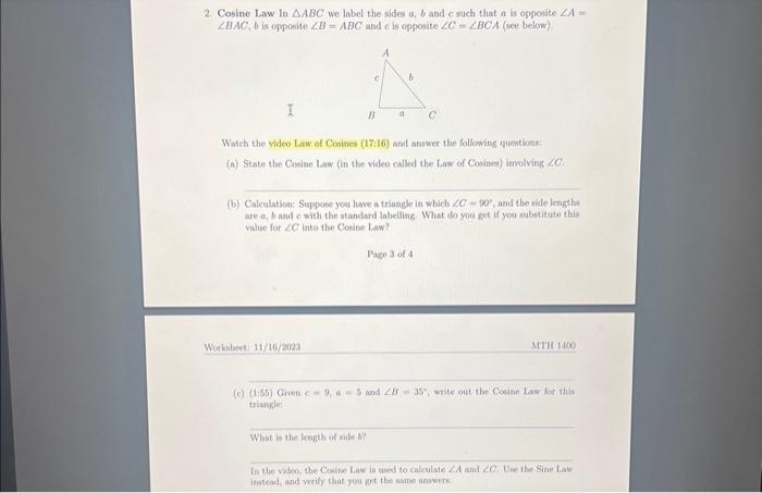 Solved 2. Cosine Law In ABC we label the sides a,b and c | Chegg.com