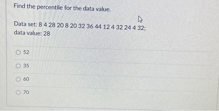 Solved Find the percentile for the data value. 4 Data set: 8 | Chegg.com
