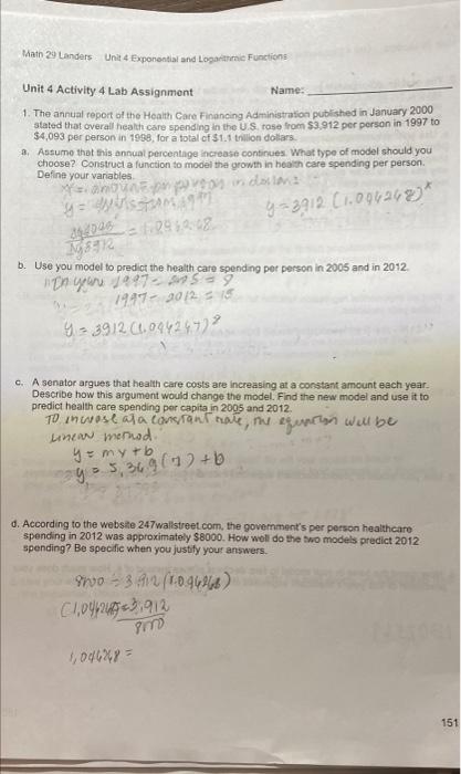 Matn 29 Landers Unit 4 Exponential and Logarithmic | Chegg.com
