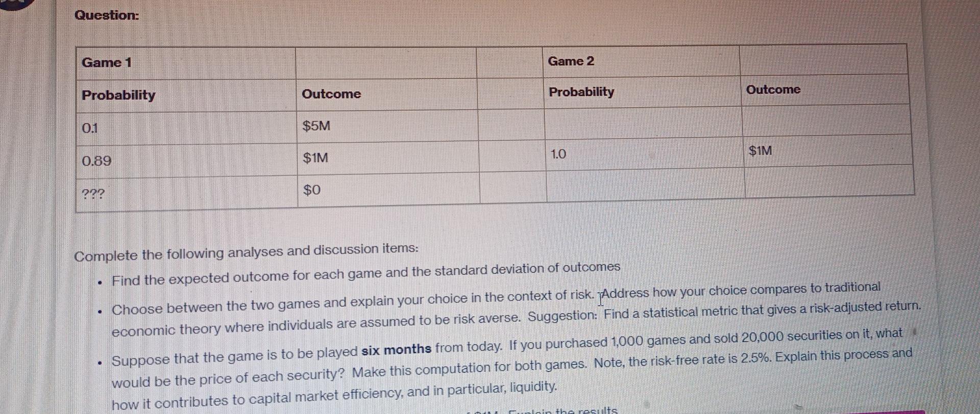 Question: Game 1 Game 2 Probability Outcome | Chegg.com