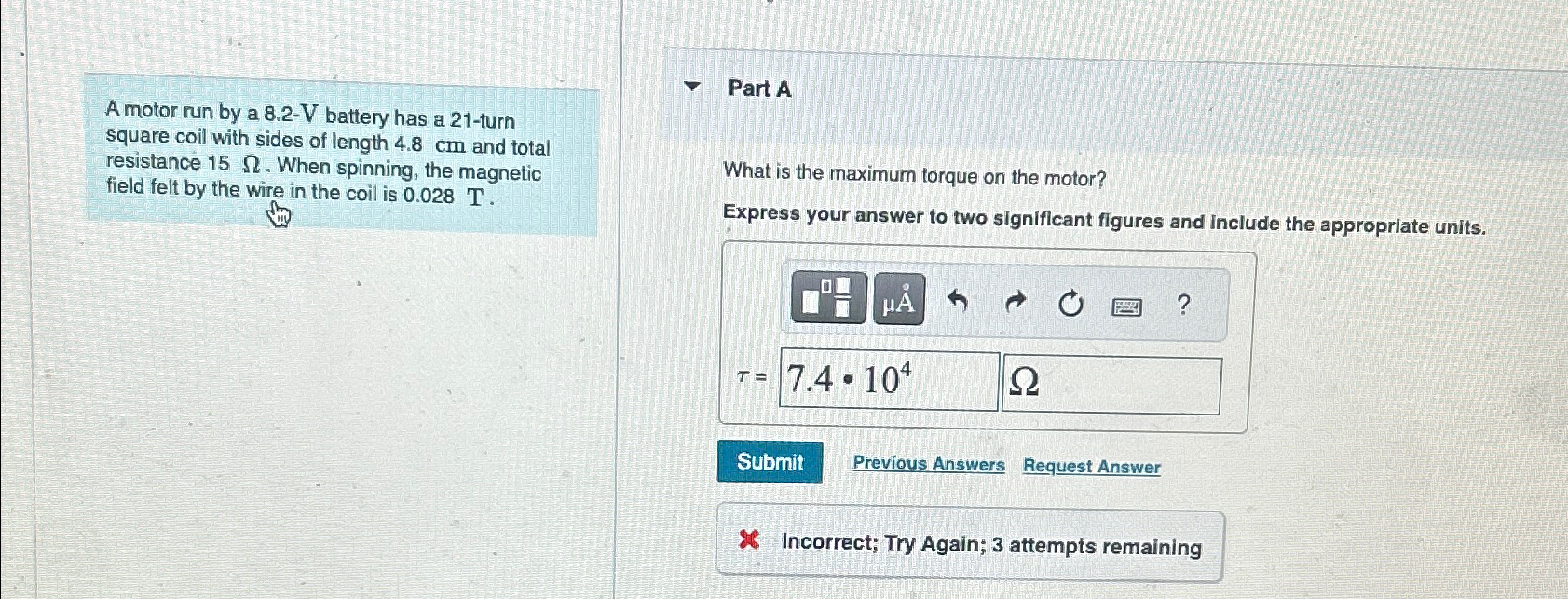 Solved A motor run by a 8.2-V ﻿battery has a 21 -turn square | Chegg.com