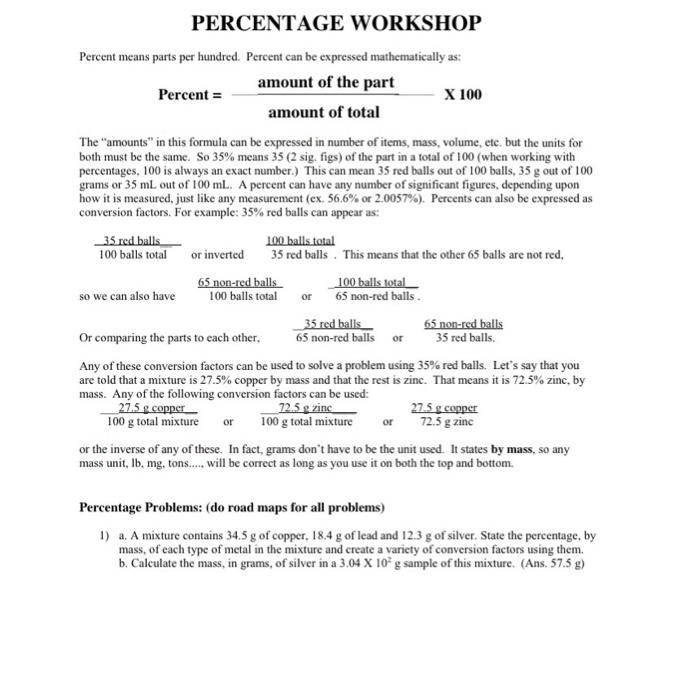 Solved PERCENTAGE WORKSHOP Percent means parts per hundred. | Chegg.com