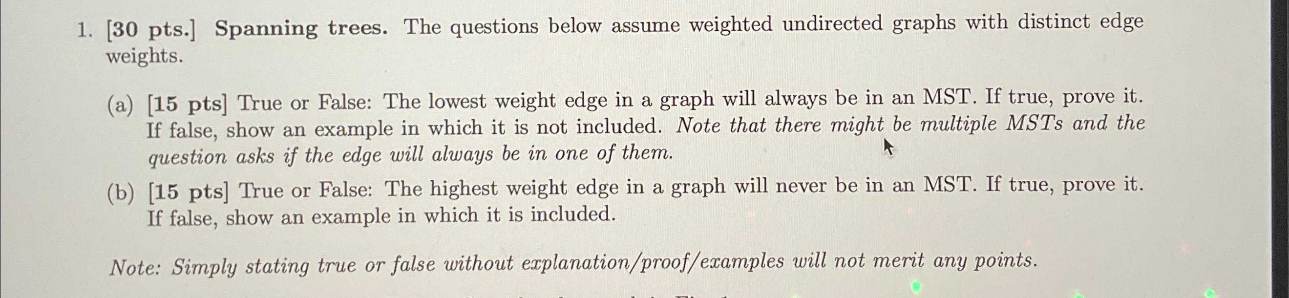 Solved [30 ﻿pts.] ﻿Spanning trees. The questions below | Chegg.com