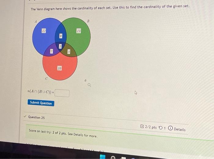 Solved The Venn diagram here shows the cardinality of each | Chegg.com