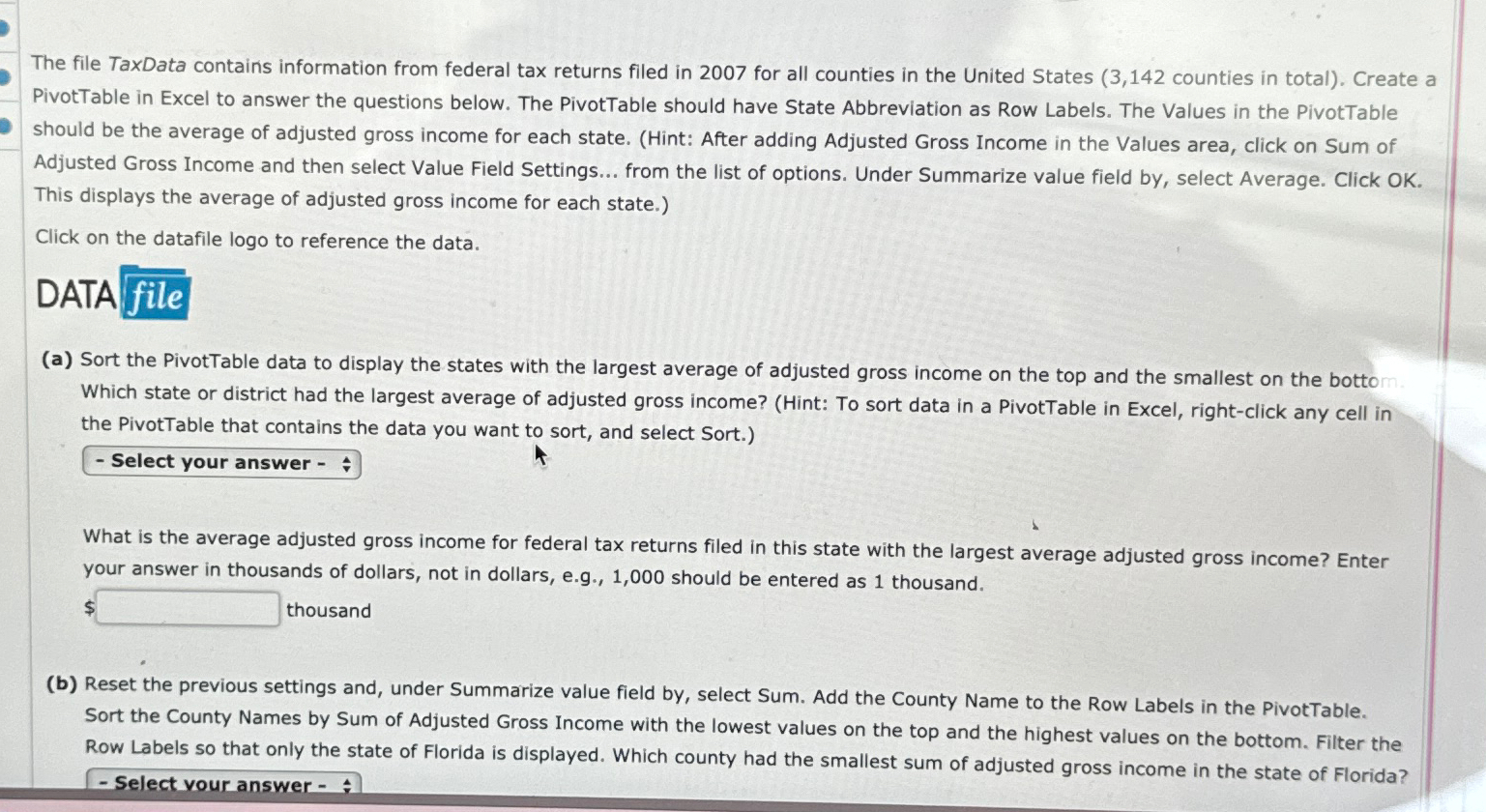 The file TaxData contains information from federal | Chegg.com