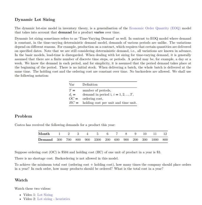 Solved Dynamic Lot Sizing The dynamic lot-size model in | Chegg.com