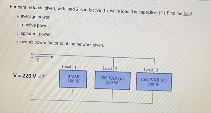 Solved For parallel loads given, with load 2 is inductive | Chegg.com