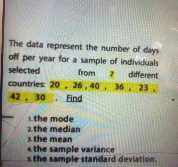 Solved The data represent the number of days off per year | Chegg.com