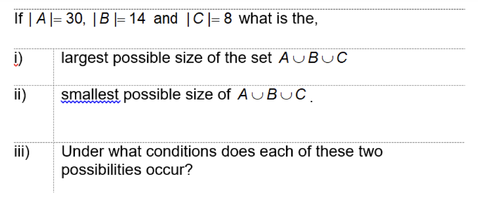 Solved If |A|=30,|B|=14 ﻿and |C|=8 ﻿what is the,i) ﻿largest | Chegg.com