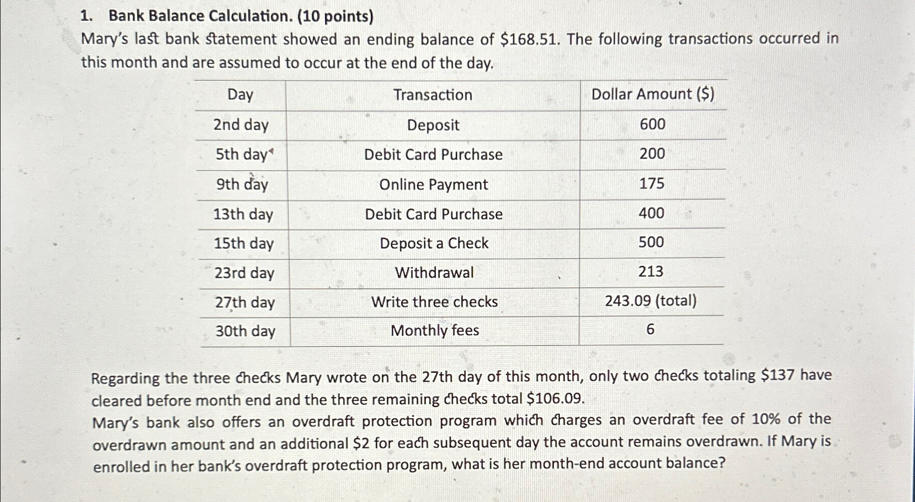 Solved Bank Balance Calculation. (10 ﻿points)Mary's last | Chegg.com