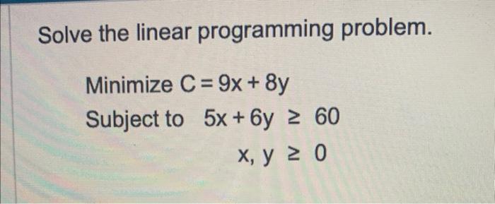 Solved Solve the linear programming problem. Minimize | Chegg.com