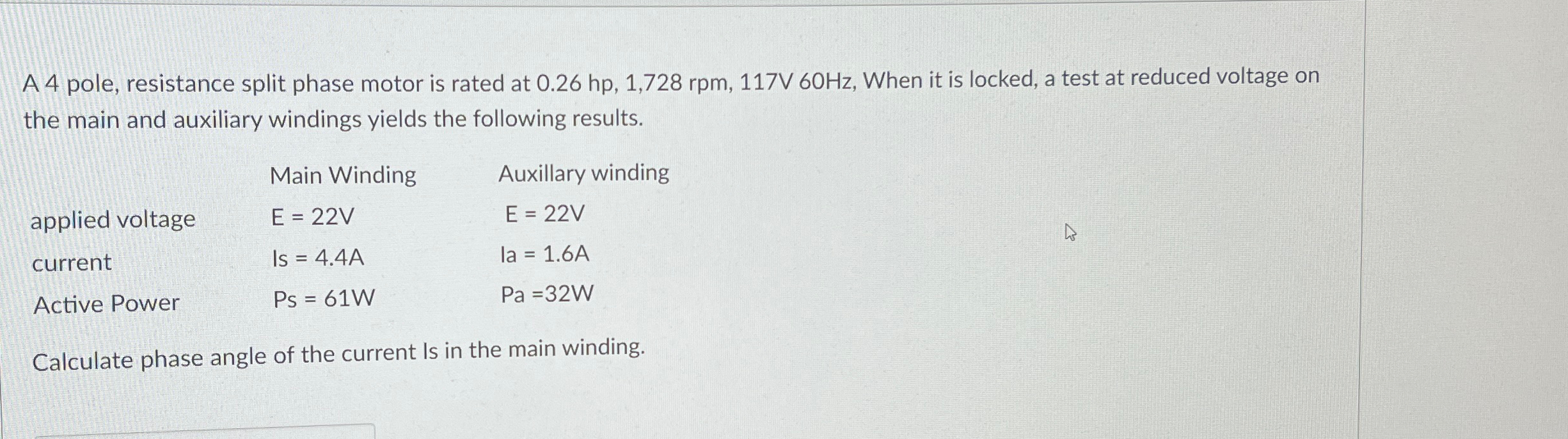 Solved A 4 ﻿pole, resistance split phase motor is rated at | Chegg.com