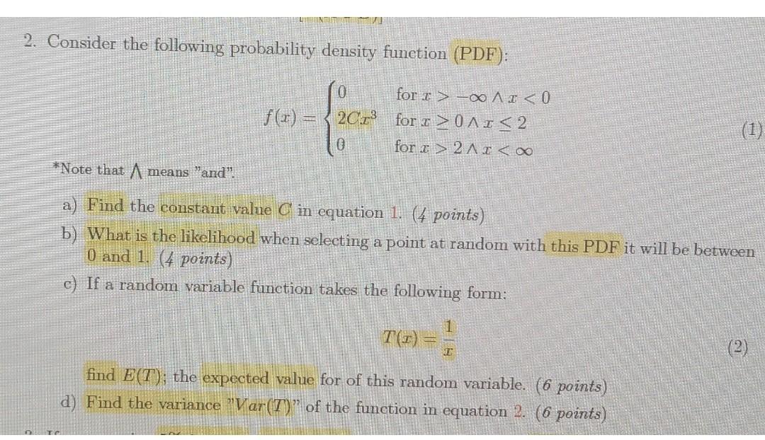 Solved 2. Consider the following probability density | Chegg.com