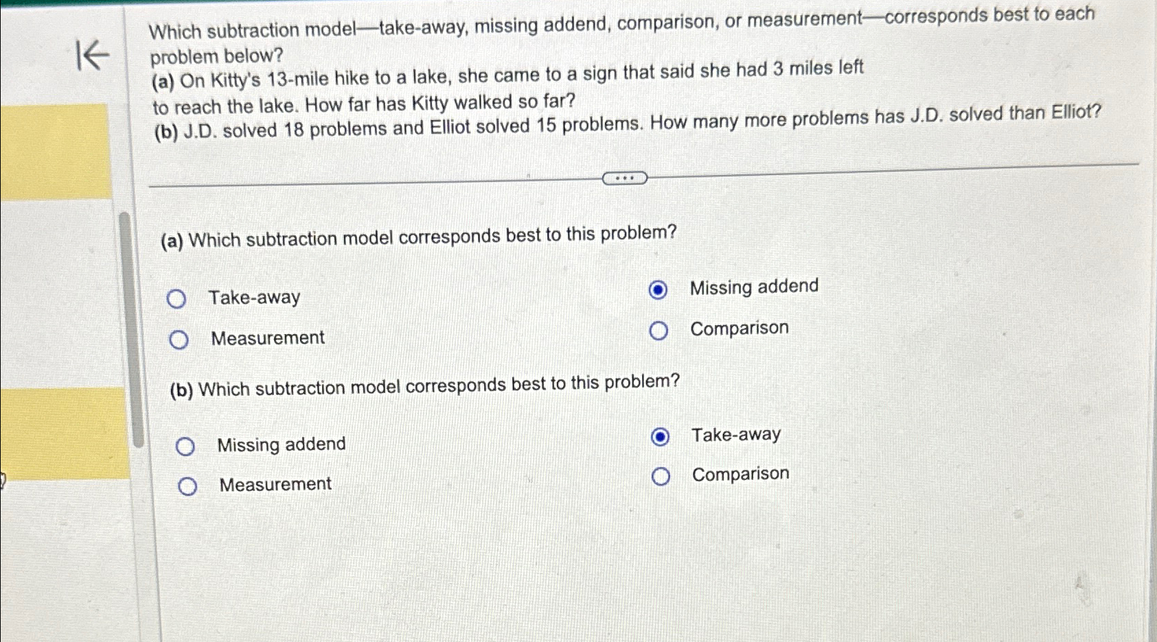 Solved Which subtraction model-take-away, missing addend, | Chegg.com